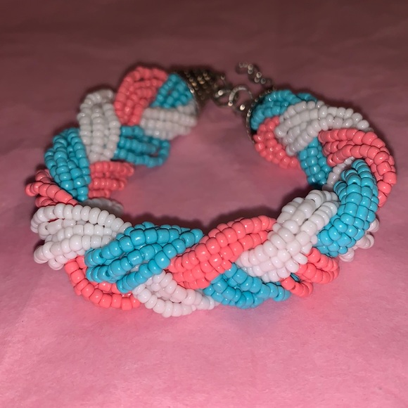 Jewelry | Vintage Blue White And Coral Small Bead Braided Bracelet ...